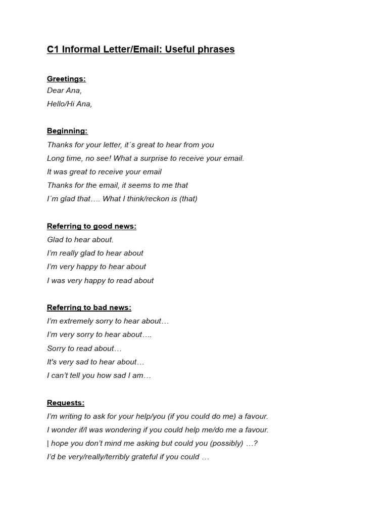 C1 Informal Letter Useful Phrases | PDF | Language Arts & Discipline