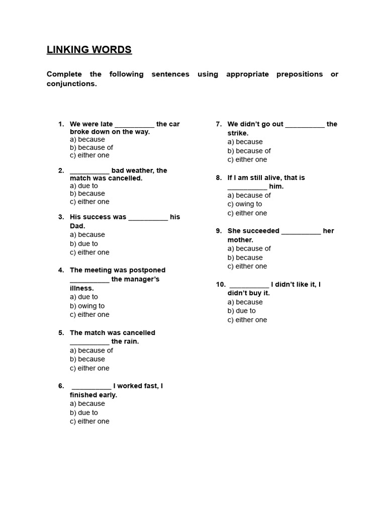Conjunctions and Linking Words Exercises | PDF