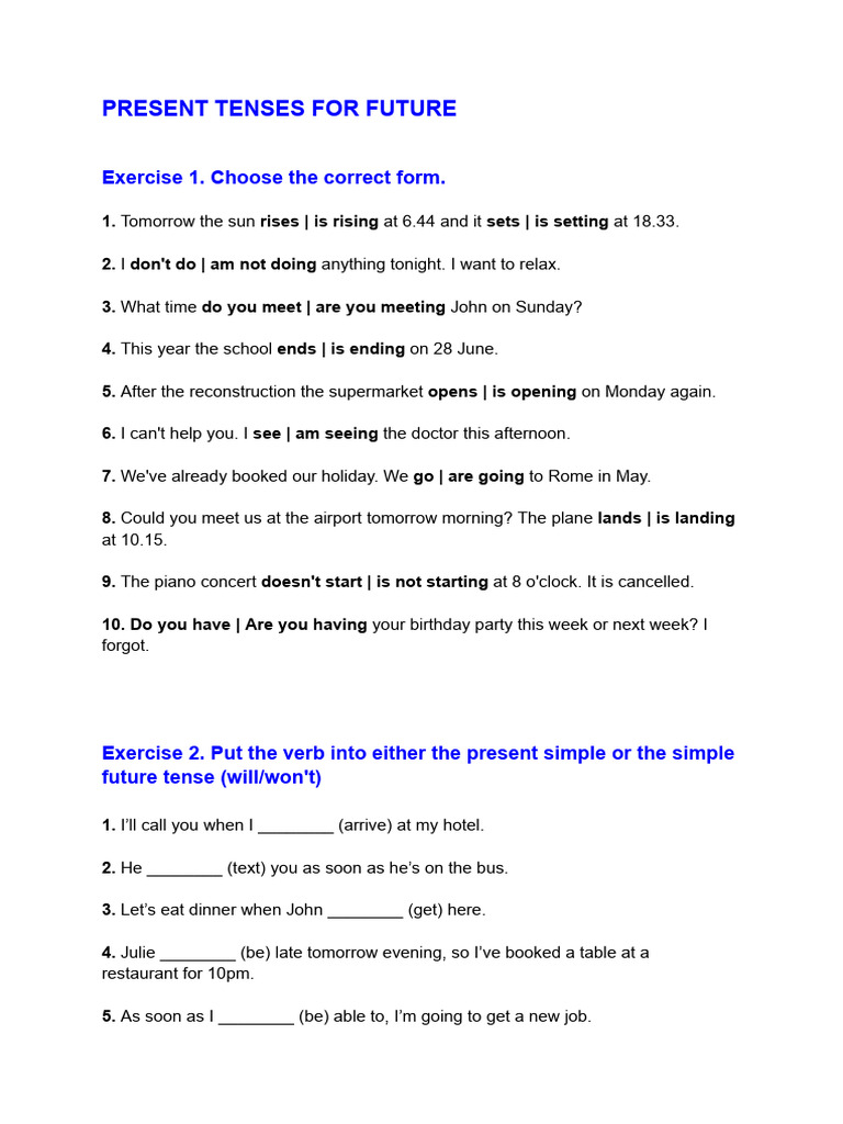 Present Tenses for Future Use Exercises | PDF | Teaching Methods ...
