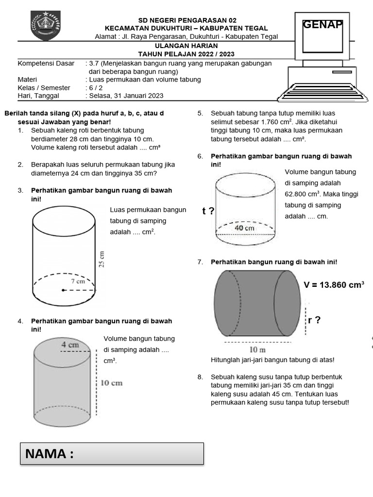 Soal Luas dan Volume Tabung Kelas 6 | PDF