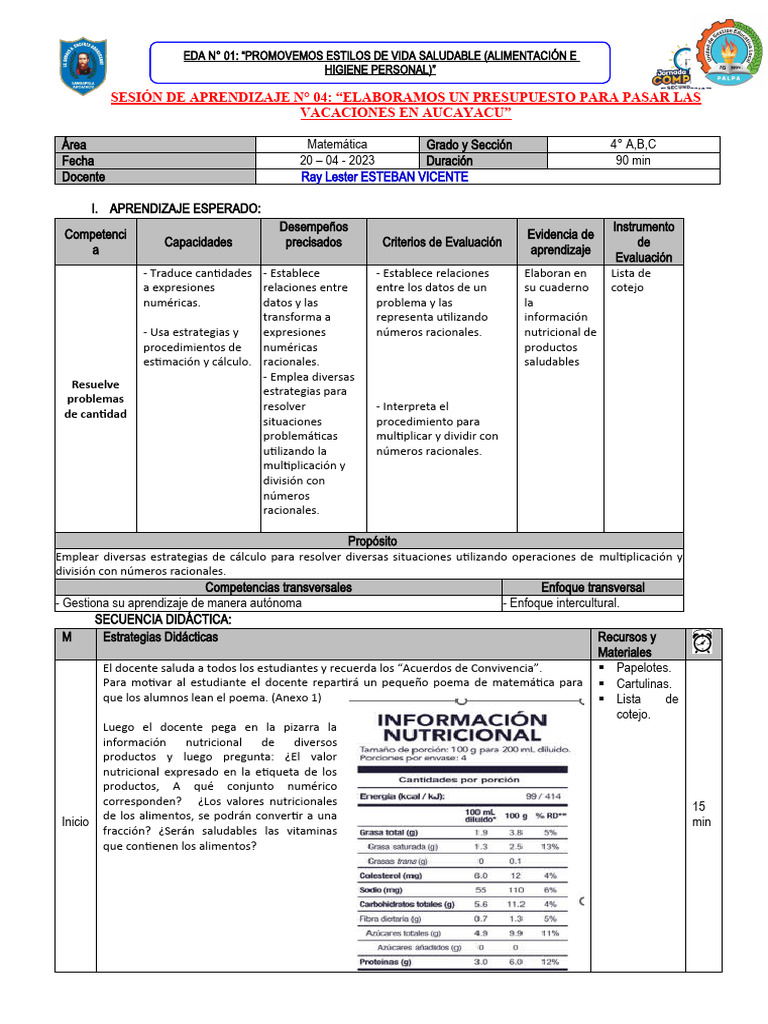 Sesión (4a) 04 Eda 01 Ray Esteban | PDF | División (Matemáticas) | Multiplicación