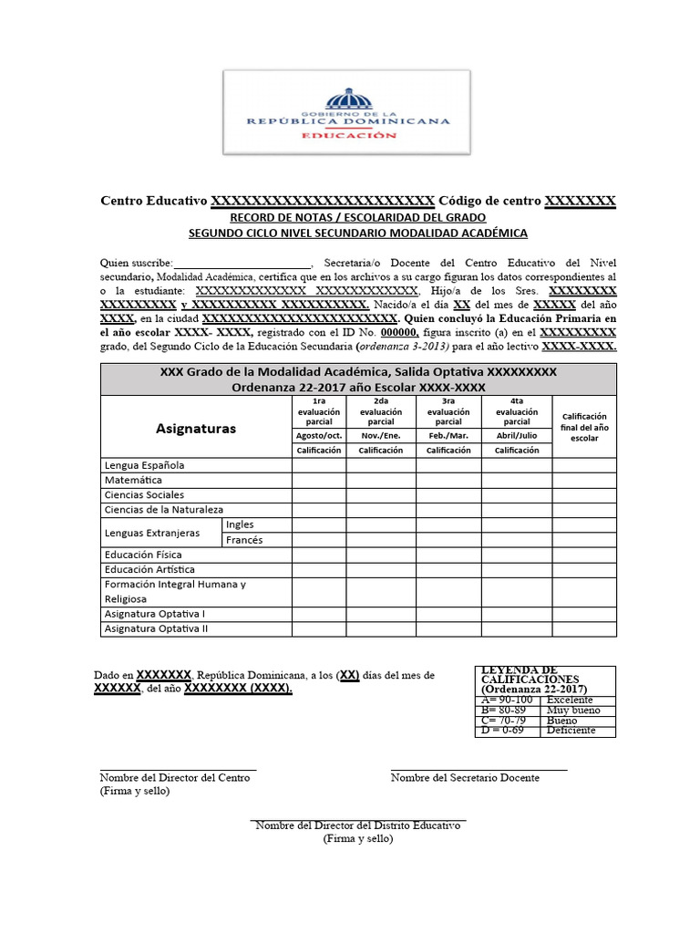 1k67 Formato de Record de Notas de Un Ano No Terminado Del Segundo ...