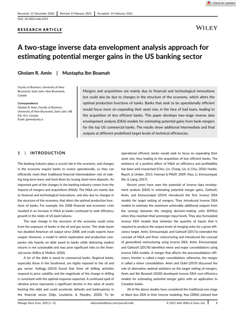 A Two-Stage Inverse Data Envelopment Analysis Approach For | PDF | Mergers And Acquisitions | Banks