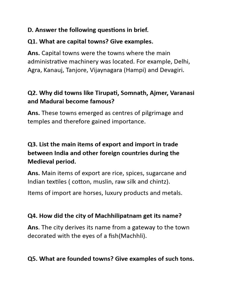 Trade Towns and Crafts Question Answers | PDF