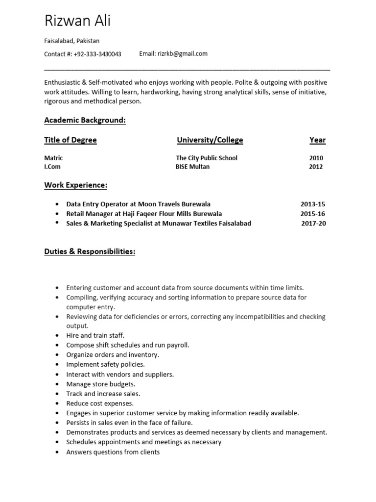 Rizwan CV - 2 | PDF | Sales | Microsoft Excel