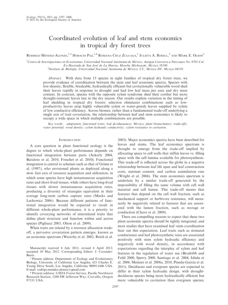Ecology - 2012 - M Ndez-Alonzo - Coordinated Evolution of Leaf and Stem Economics in Tropical ...