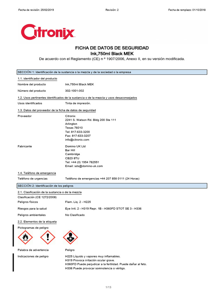 Ficha Tecnica Tinta 302-1001-002 Ink750ml Black MEK-Spain | PDF ...