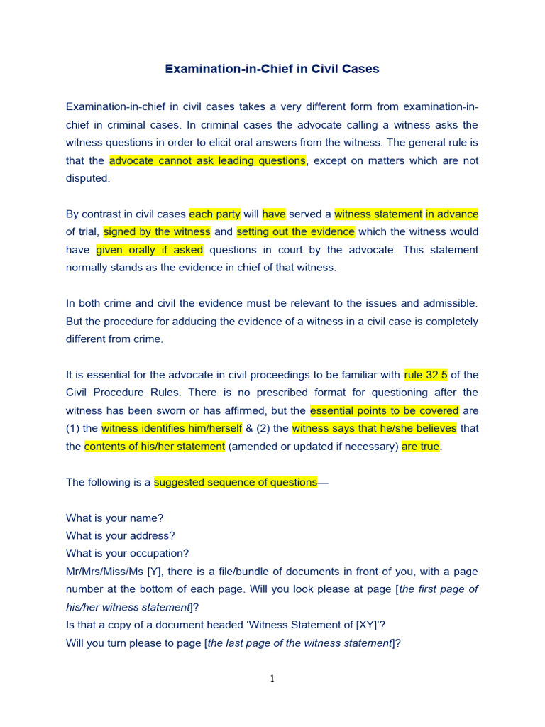 Unit18 Examination in Chief in Civil Cases | Download Free PDF ...