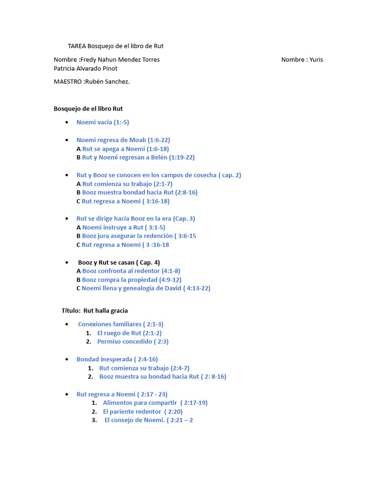 Bosquejo de Rut Tarea | PDF | Noemí (figura bíblica) | Gente de Belén