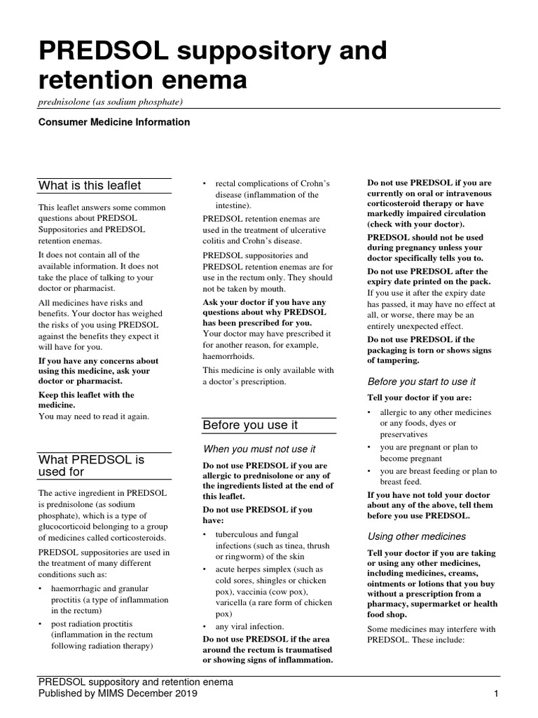 PREDSOL Suppository and Retention Enema: What Is This Leaflet | PDF ...