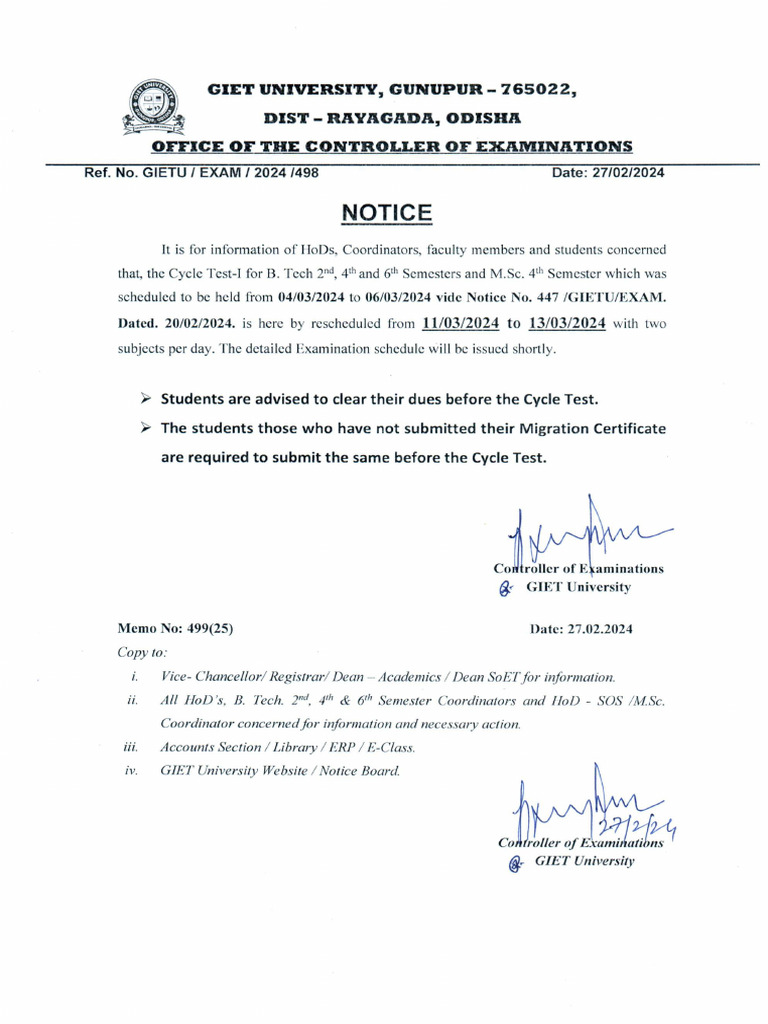 Rescheduled Cycle Test-I Notice For B. Tech & M. Sc. Reg. | PDF