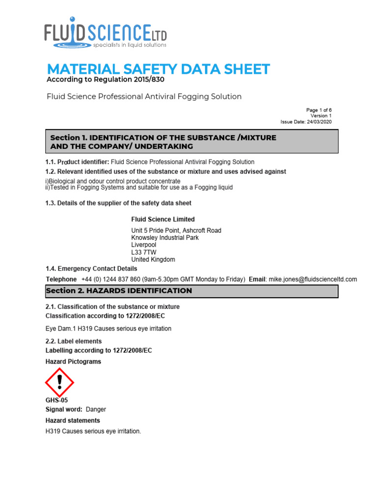 Fluid Science Anti Virus Fogging Solution MSDS | Download Free PDF ...