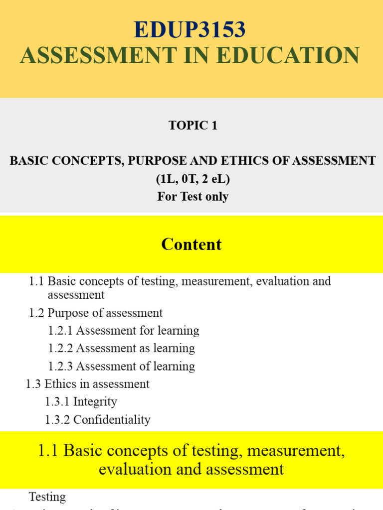 EDUP3153 T1 - Basic Concepts - Purpose - and Ethics of Assessment | PDF | Educational Assessment ...