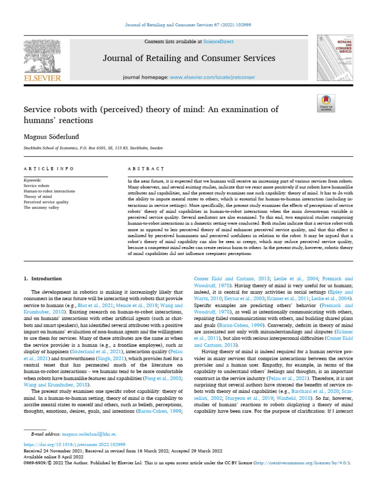 Impact of Robot Theory of Mind on Service Quality | PDF | Theory Of ...