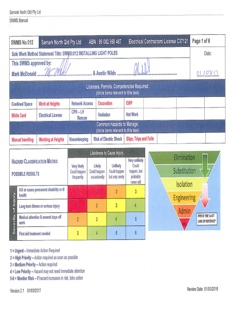 SWMS for Installing Light Poles | PDF | Personal Protective Equipment ...