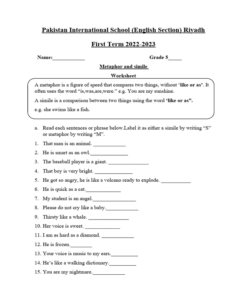 Metaphor or Simile Worksheet-Grade 5 | PDF