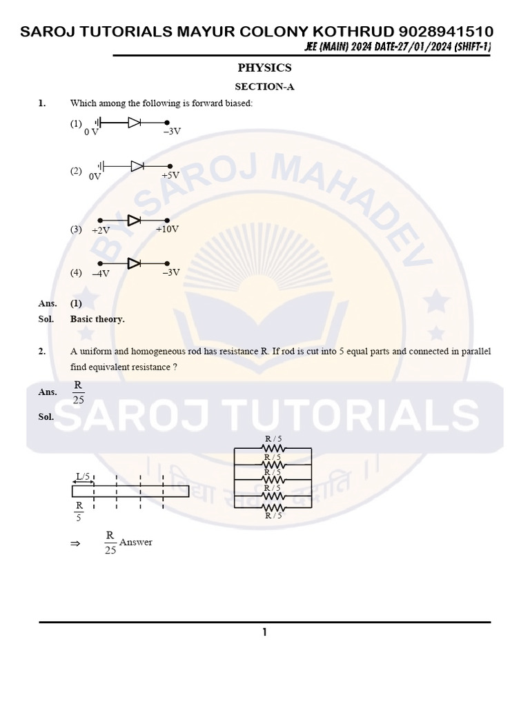 Jee Main 27 Jan 2024 Shift 1 Physics Memory Based Paper Solution - PHP | PDF | Physical ...