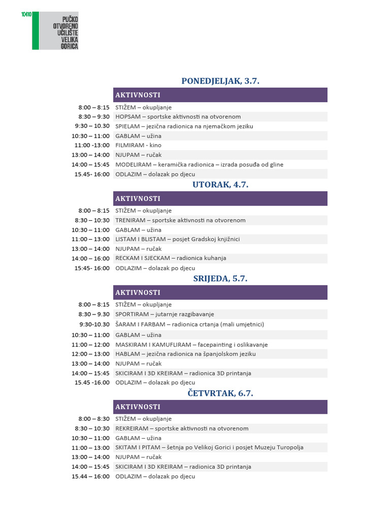 2023 Program - Ljetni Kamp 1. Tjedan - Isp. Final | PDF