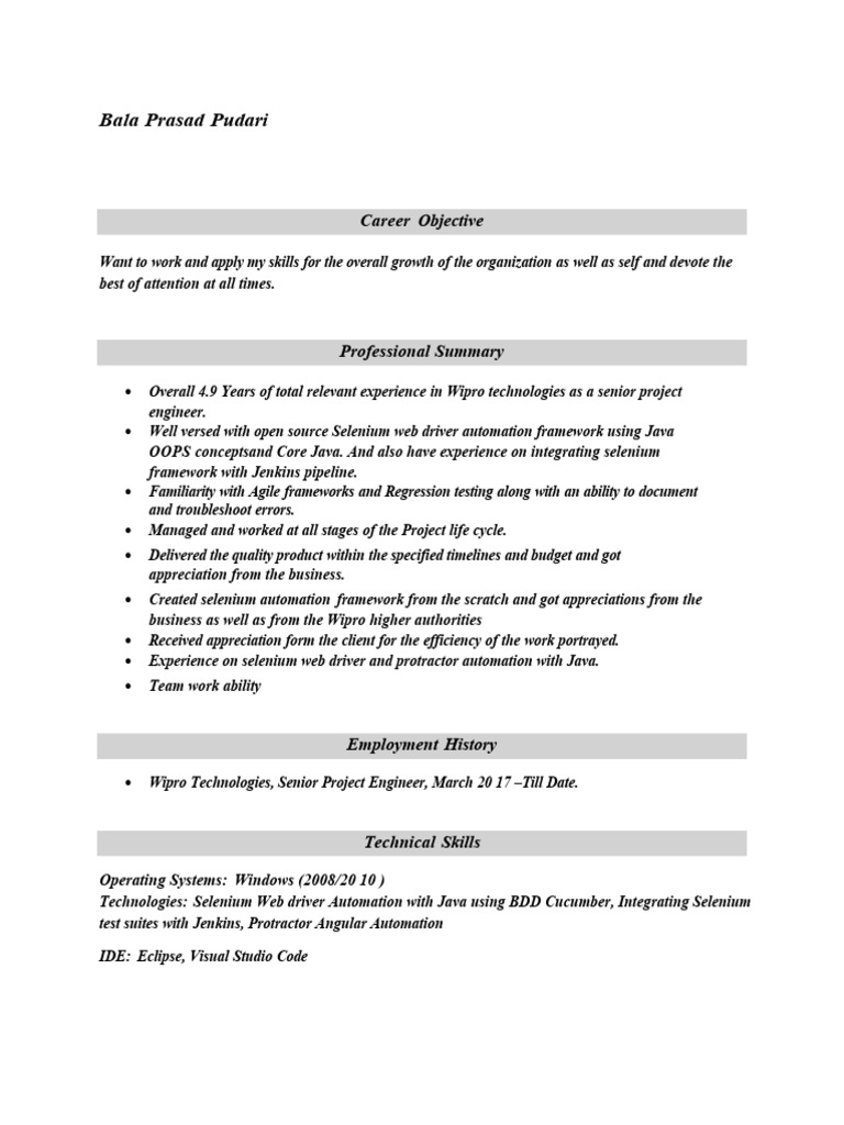 Bala-Resume - Bala Prasad Pudari | PDF | Selenium (Software) | Java (Programming Language)