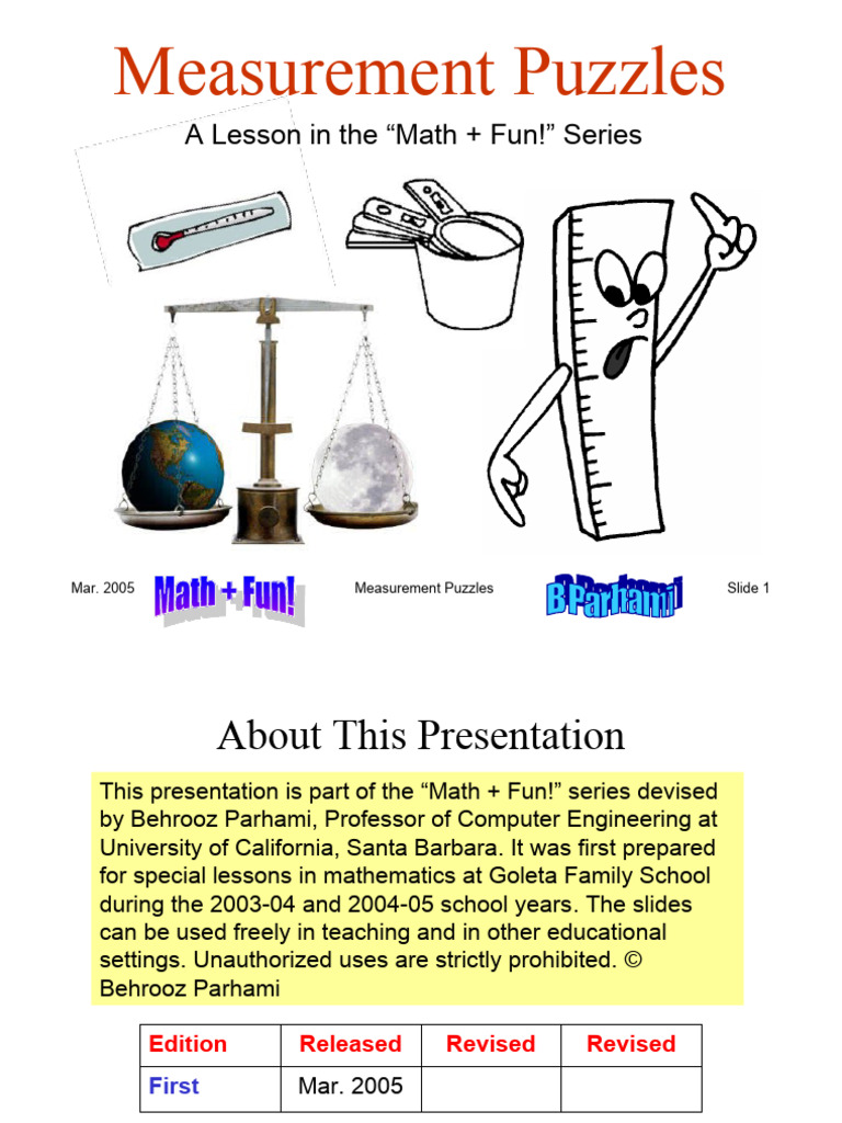 Measurement Puzzles by Behrooz Parhami | PDF | Weight | Weighing Scale