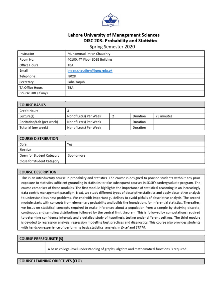 DISC 203-Probability and Statistics - Muhammad Imran Chaudhry | PDF ...