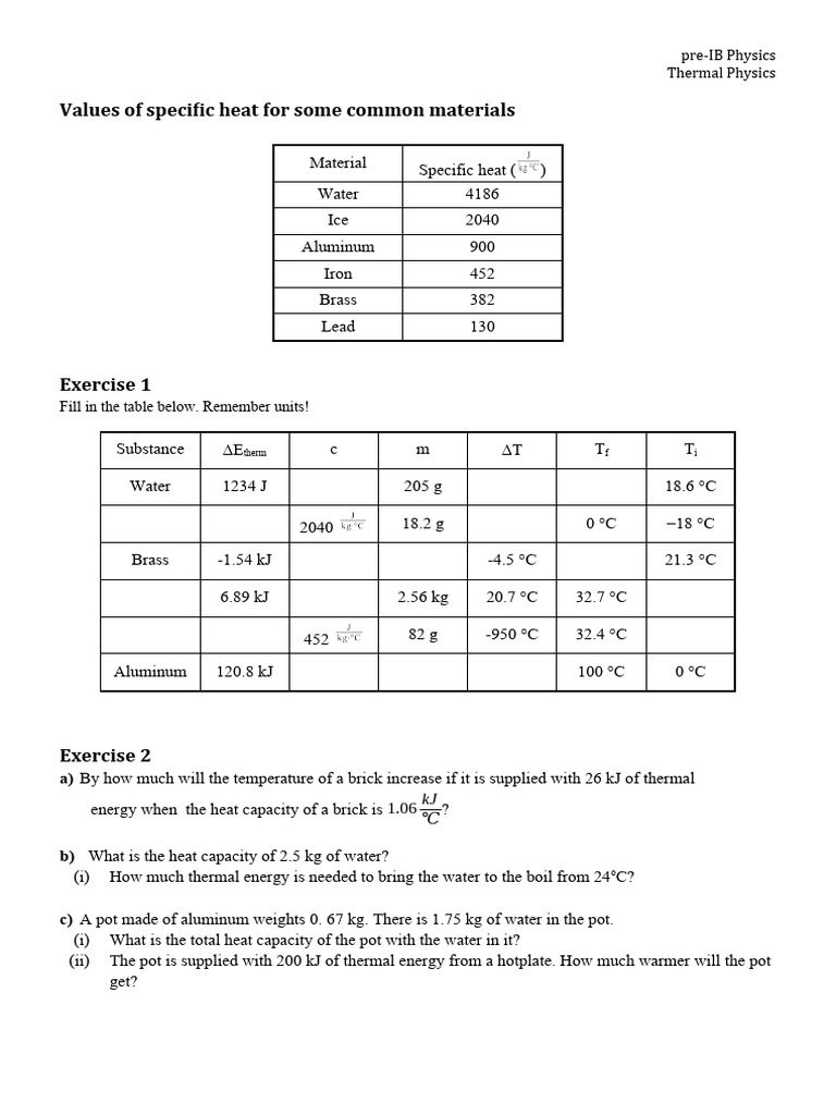 Specific Heat and Thermal Energy Exercises | PDF | Heat Capacity | Heat