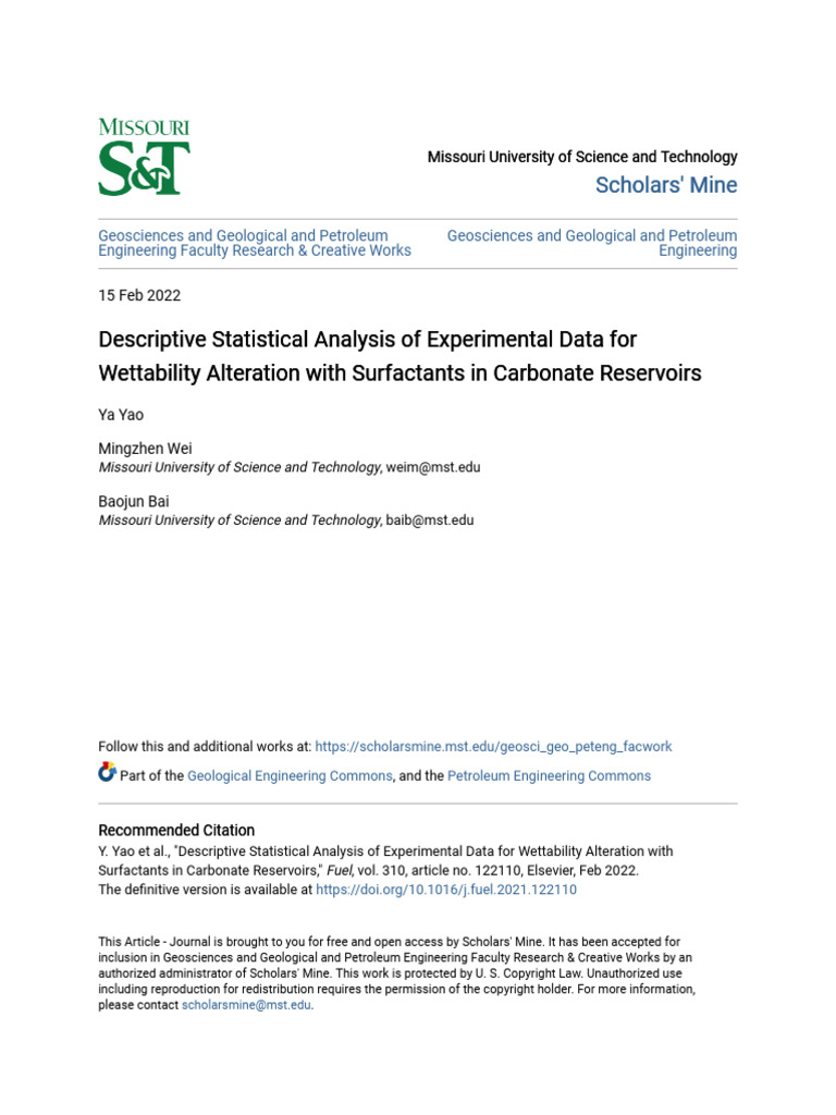 Descriptive Statistical Analysis Of Experimental Data For Wettabi Pdf Enhanced Oil Recovery