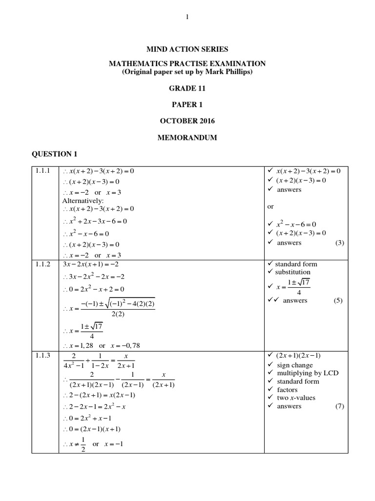 Mind Action Series Ggrade 11 Paper 1 Memorandum | PDF | Mathematical Concepts | Mathematical Physics