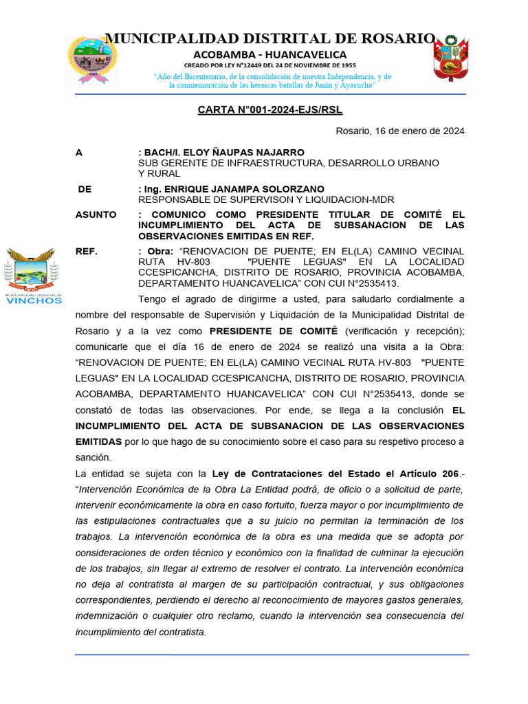 Carta - N°001-COMUNICO CONSTATACION DE LA SUBSANACION DE OBSERVACIONES EN REF. | PDF | Gobierno ...