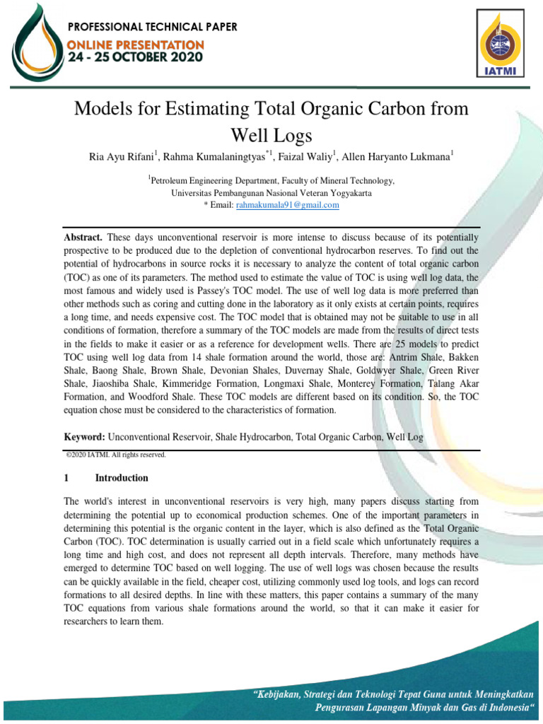 IATMI 20-035 Models For Estimating Total Organic Carbon From Well Logs | PDF | Total Organic ...
