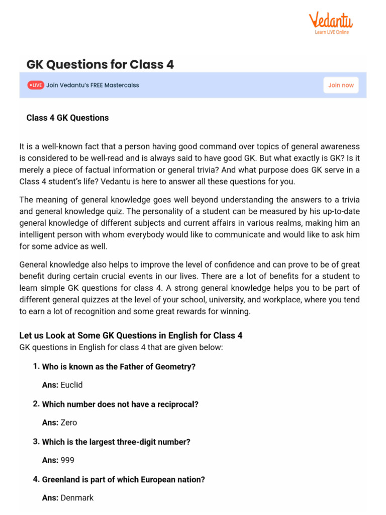 GK Questions For Class 4 | PDF
