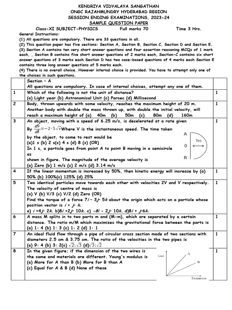 Sample Paper Xi See Physics 2023-24 | Download Free PDF | Temperature | Velocity