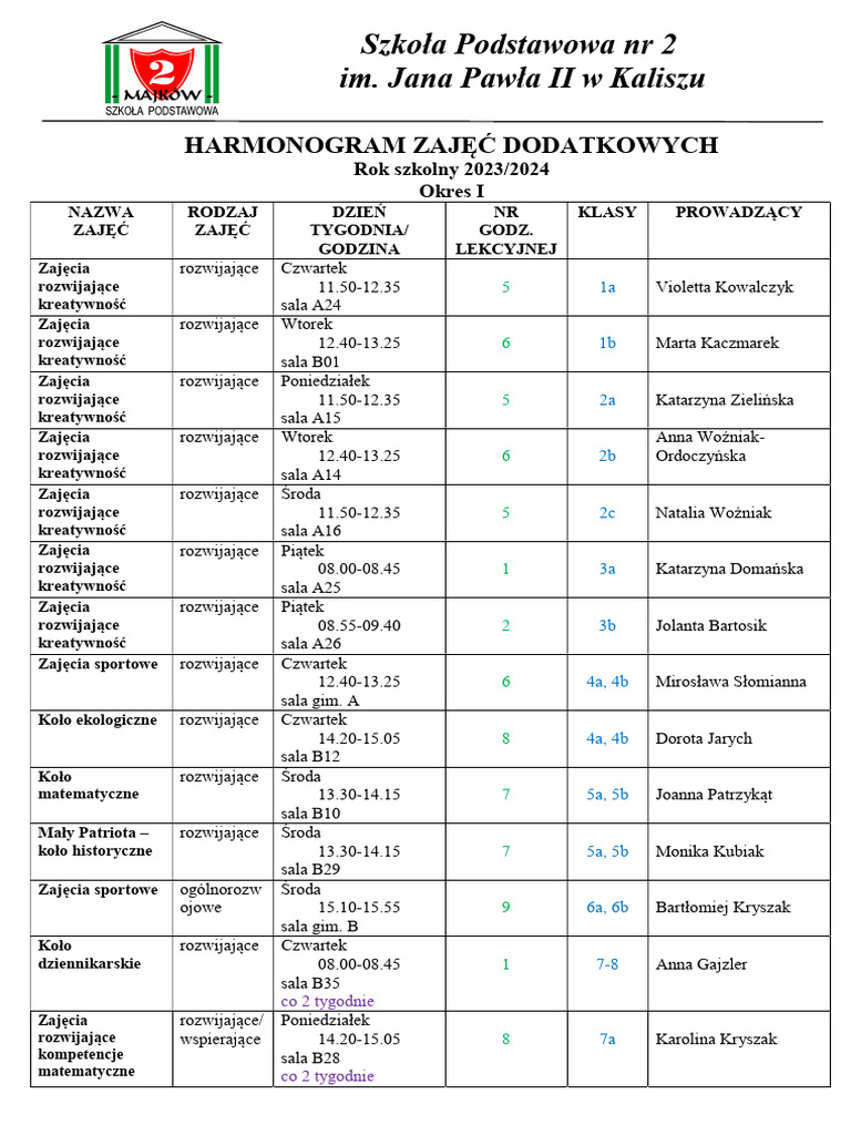 2023-2024 - Harmonogram Zajęć Dodatkowych | PDF