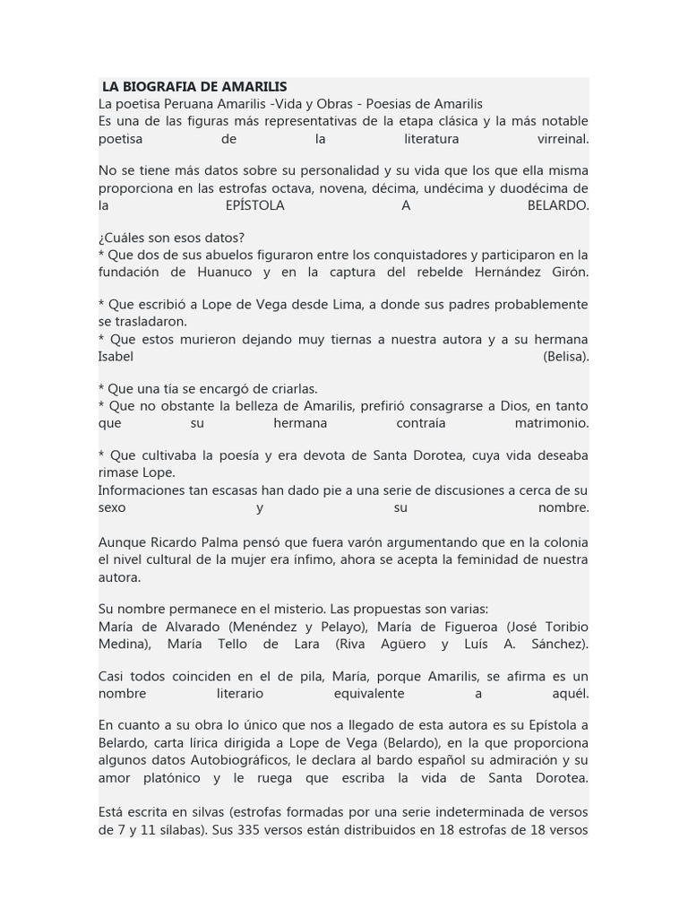 Biografía de Amarilis: Vida y Obra | PDF