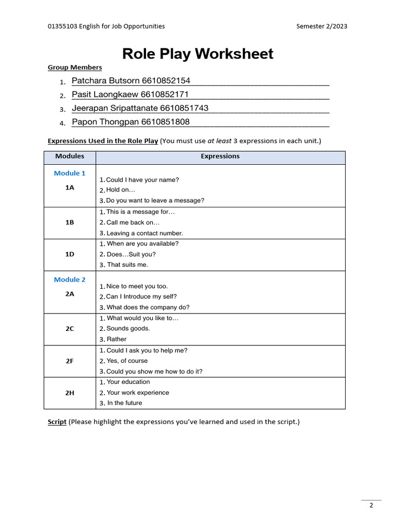 103 Role Play Worksheet - 2.2023 | PDF