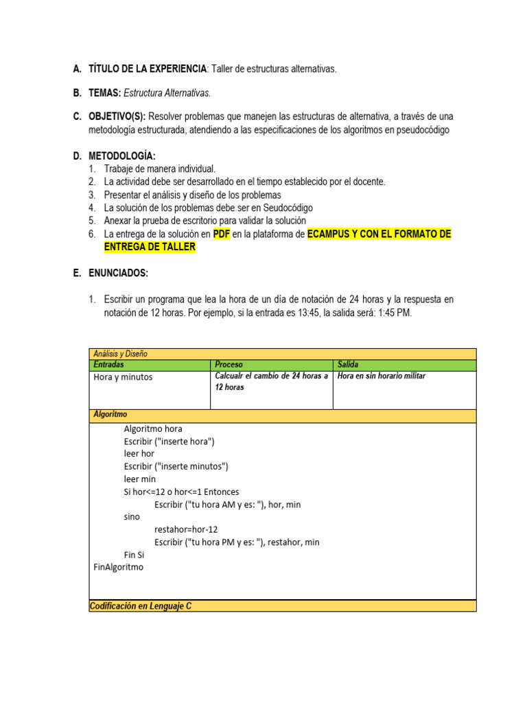 Taller de Algoritmos en C: Estructuras Alternativas | PDF | Algoritmos ...