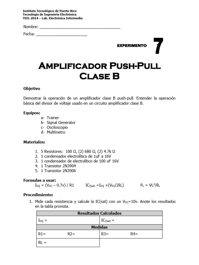 Exp.7 - Amplificador Push-Pull Clase B | PDF | Transistor | Bienes manufacturados
