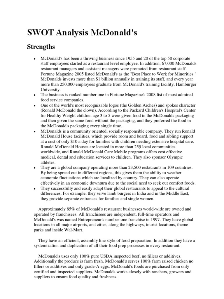 McDonald's SWOT Analysis Overview | PDF | Mc Donald's | Fast Food ...