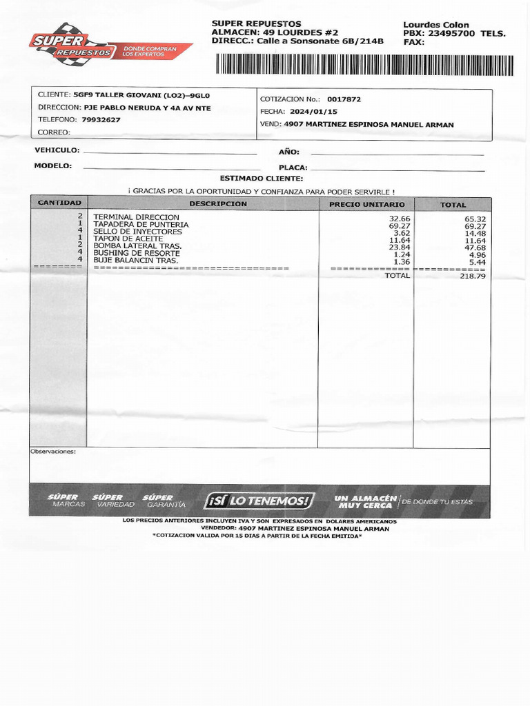 Cotizacion de Repuestos para n7131 | PDF