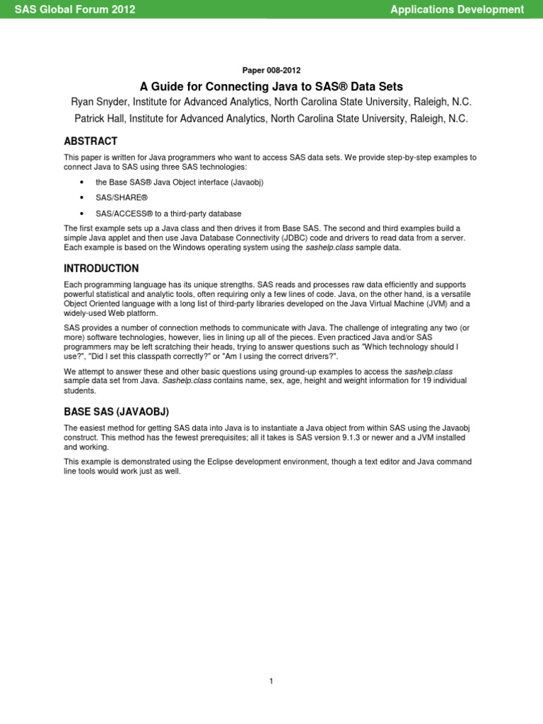 008-2012 A Guide For Connecting Java To SAS Data Sets | PDF | Java (Programming Language) | My Sql