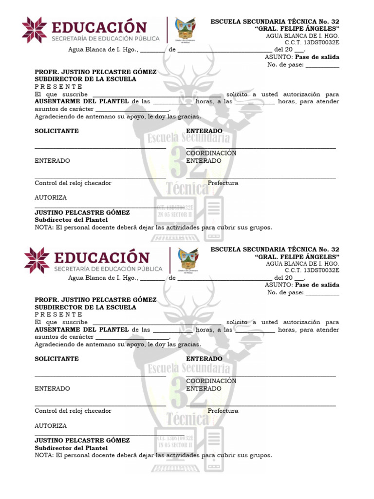 Pase de Salida Escuela Secundaria Tecnica | PDF