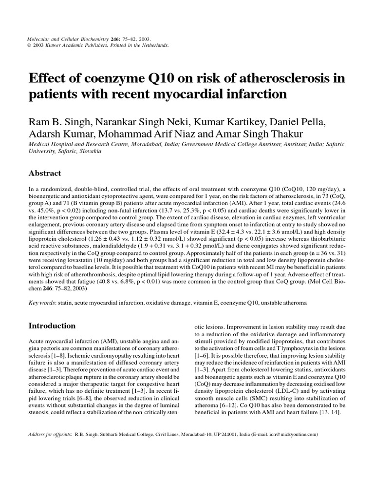 Effect of Coenzyme Q10 On Risk of Athero | PDF | Myocardial Infarction ...