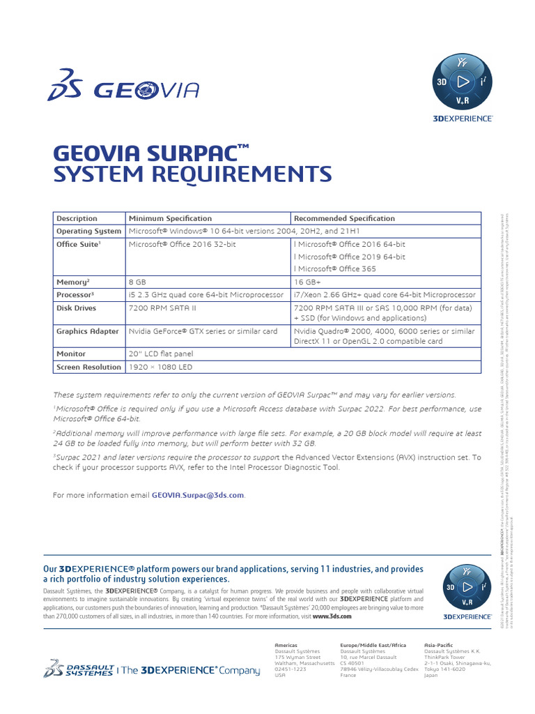 3DS 2022 GEO SurpacSystemReqDS v1 | PDF | 64 Bit Computing | Computing