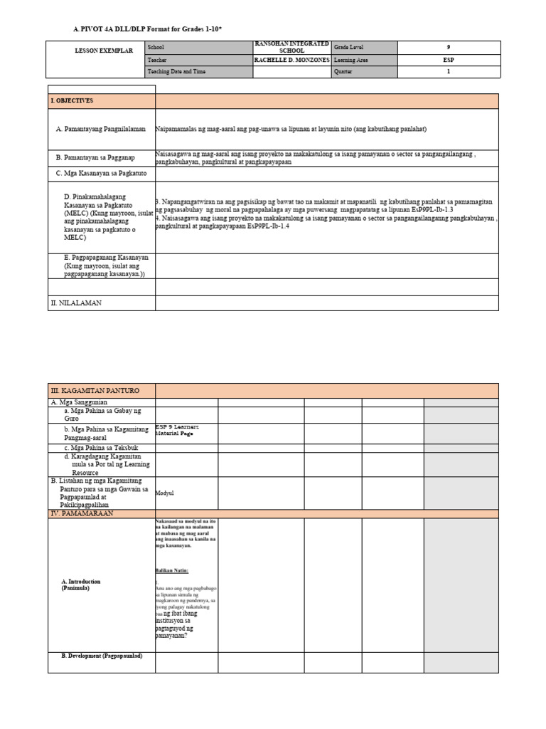 Esp 9 Q1 (W2) Lesson Exemplar | PDF