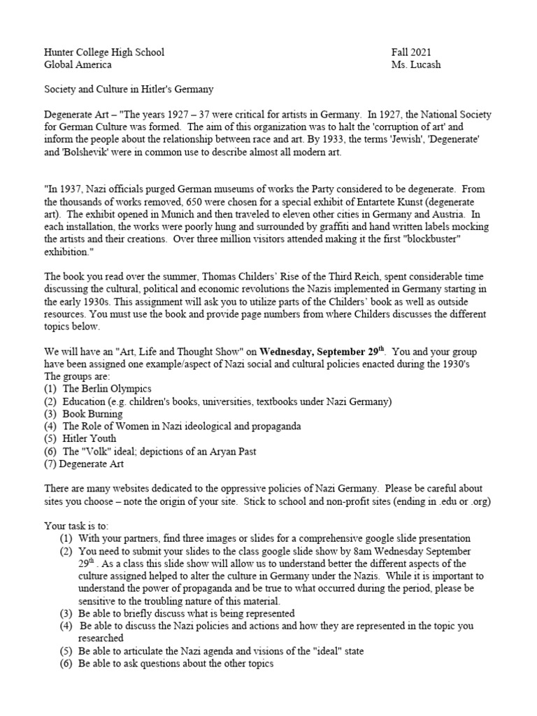 Nazi Culture Assignment 2021 | Download Free PDF | Nazi Germany | Nazism