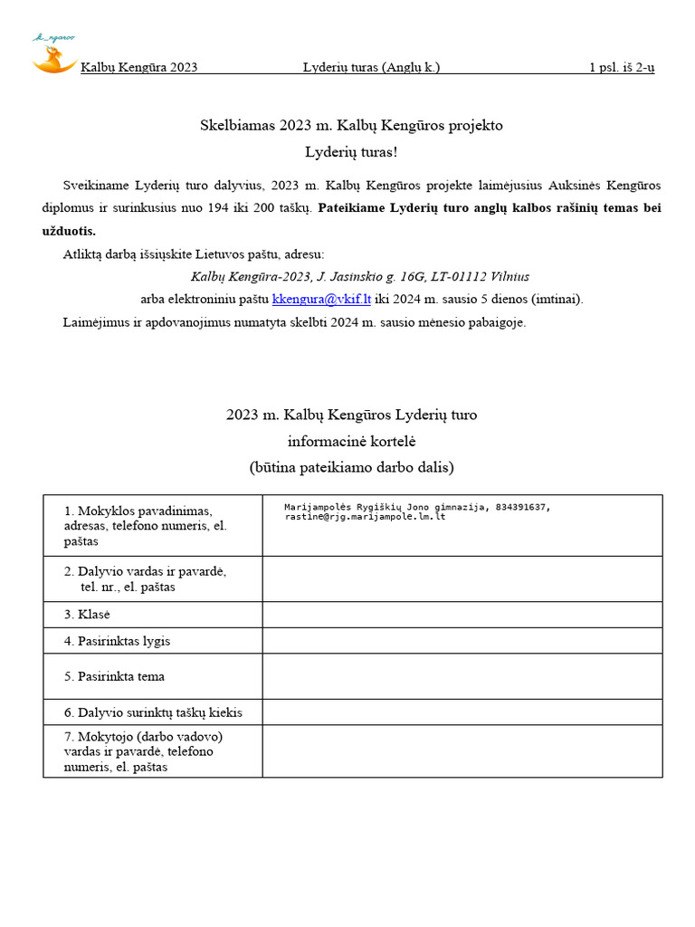 LYDERIU TURAS Anglu K 2023 | PDF