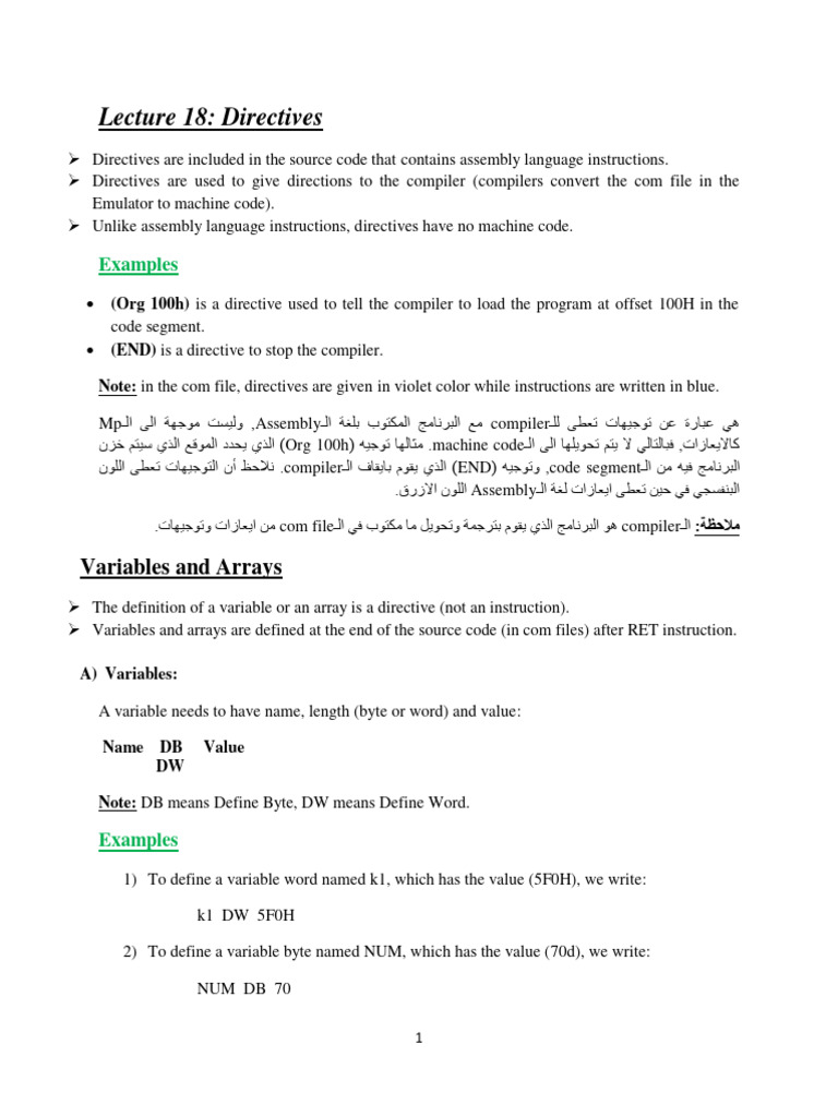 Lecture 18 Directives | PDF | Variable (Computer Science) | Assembly Language