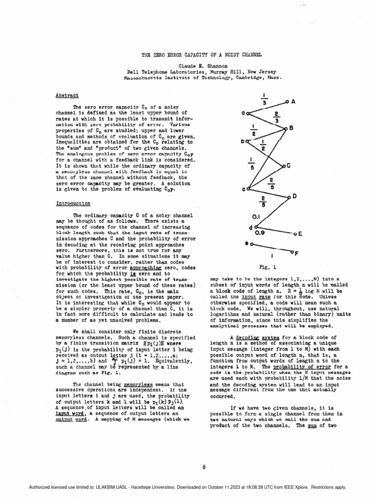 Zero Error Capacity of Noisy Channels | PDF | Mathematical Analysis | Mathematical Objects