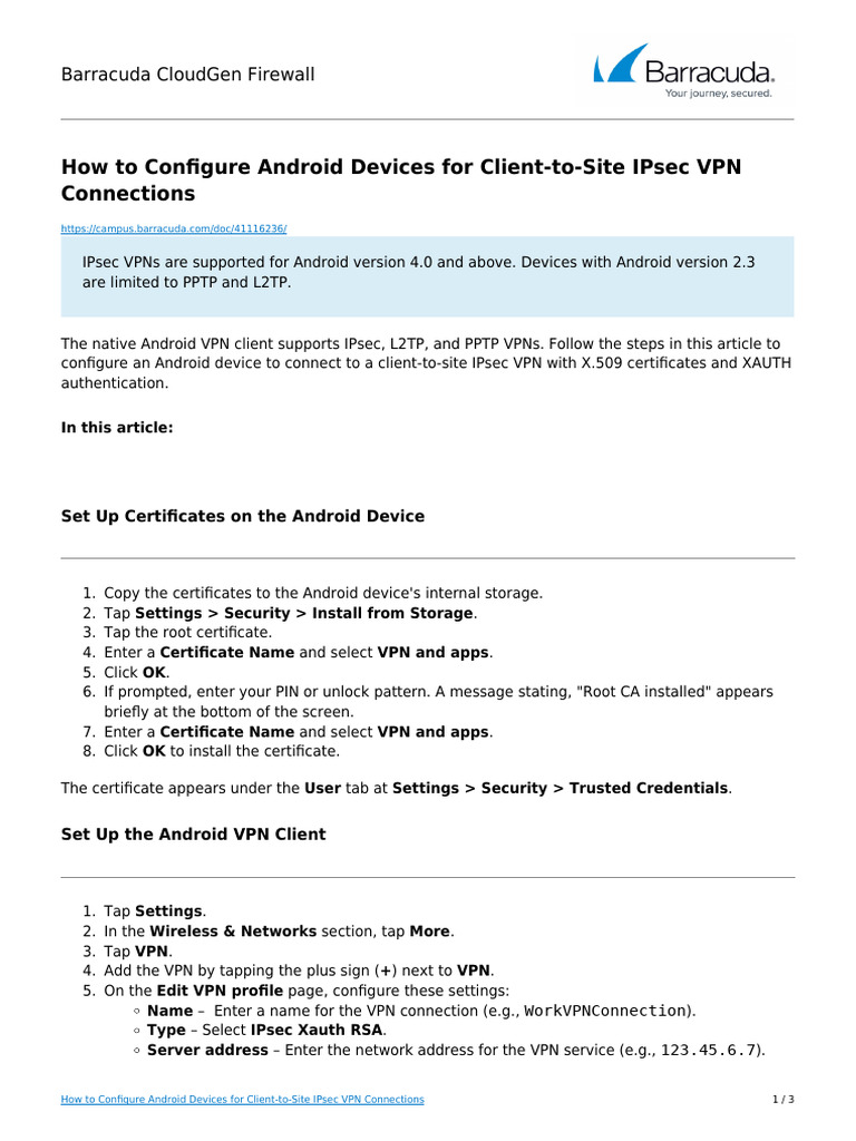 How To Configure Android Devices For Client-to-Site IPsec VPN Connections | PDF | Virtual ...