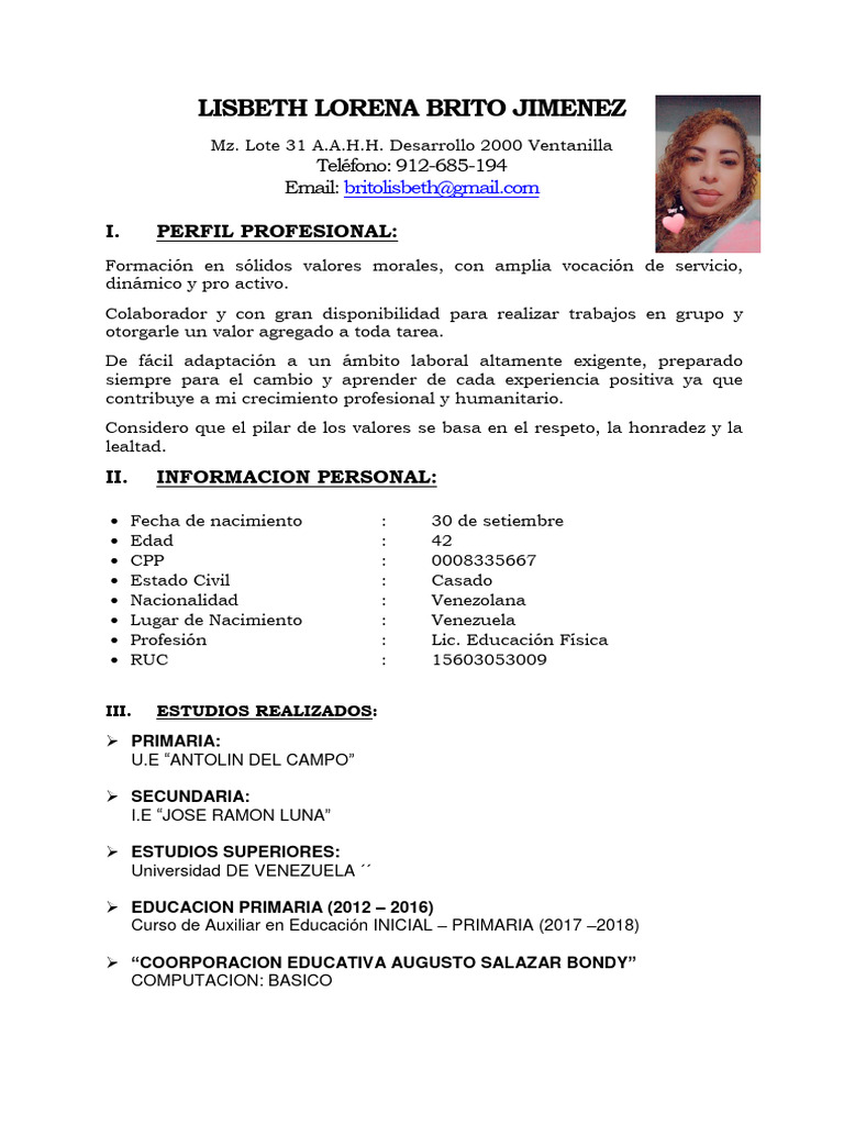 C. Z. Santa Rosa - CV Brito Lisbeth | PDF | Juventud | Etapas educativas